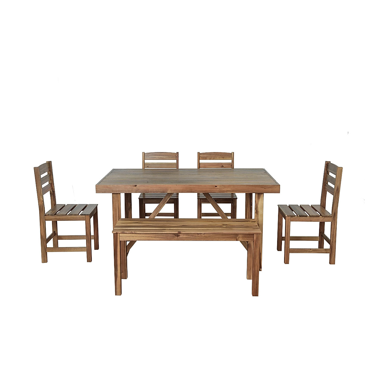 RuiSiSi 6 Piece Outdoor Dining Table Set with 4 Chairs and 1 Bench, Acacia Wood Outdoor Table and Chairs Set for 6 Persons, All Weather Patio Dining Table Set for Balcony, Backyard, Garden, Natural