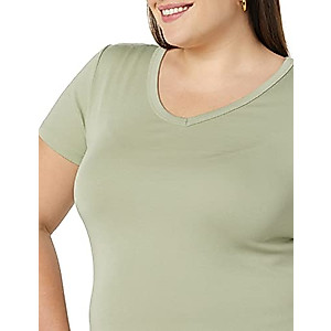 Amazon Essentials Women's Slim-Fit Short-Sleeve V-Neck T-Shirt, Pack of 2, Black/Sage Green, Medium