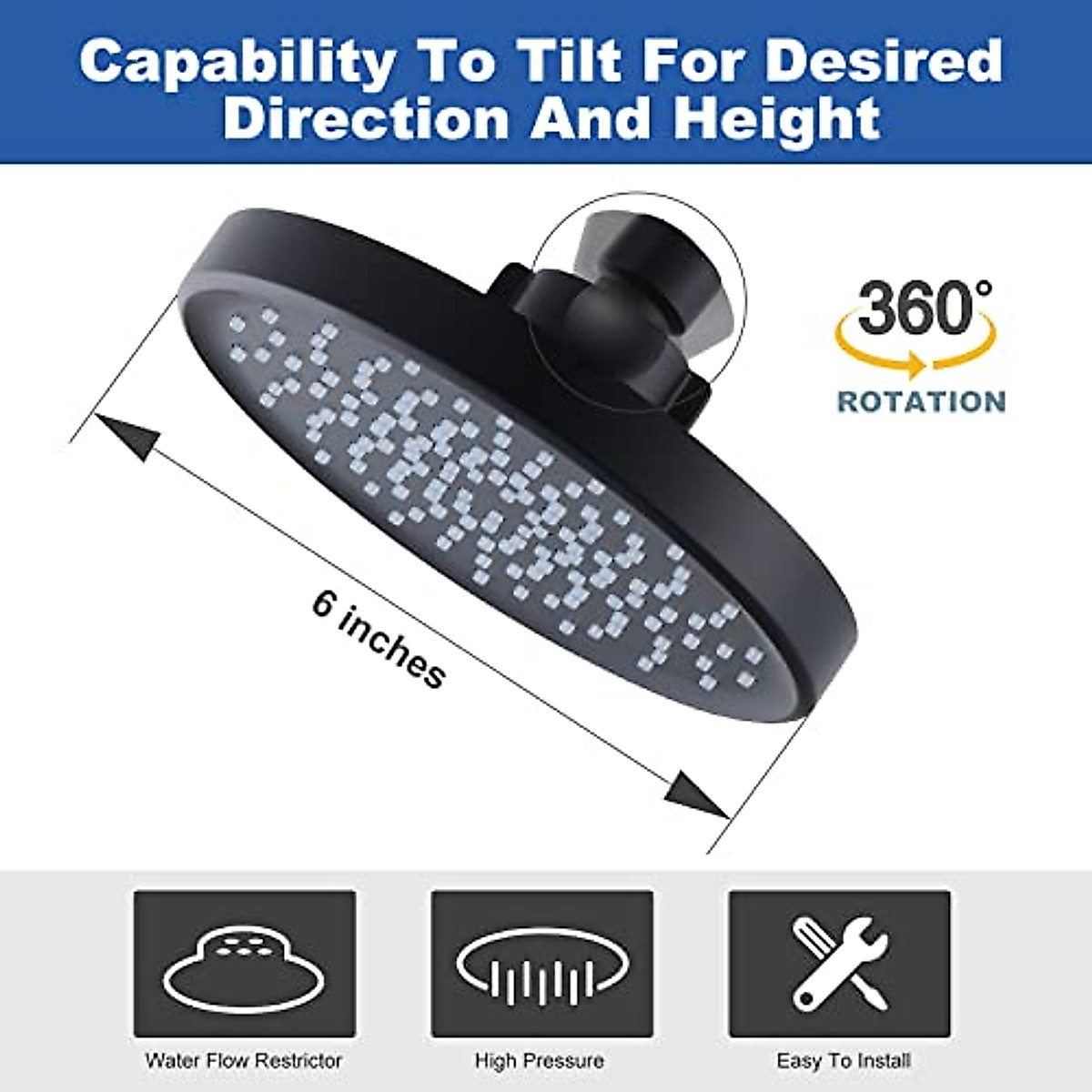 ALEASHA High Pressure Rain Shower Head, 6 Inch 1.8GPM Fixed Luxury Bathroom Showerhead, Adjustable Angles, Anti-Clogging Silicone Nozzles (Matte Black)