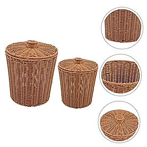 Yardwe 2pcs storage bucket with lid wicker storage basket seagrass plant pot paper waste basket woven flower pots small trash can wicker basket with lid rattan outdoor Iron office Toy