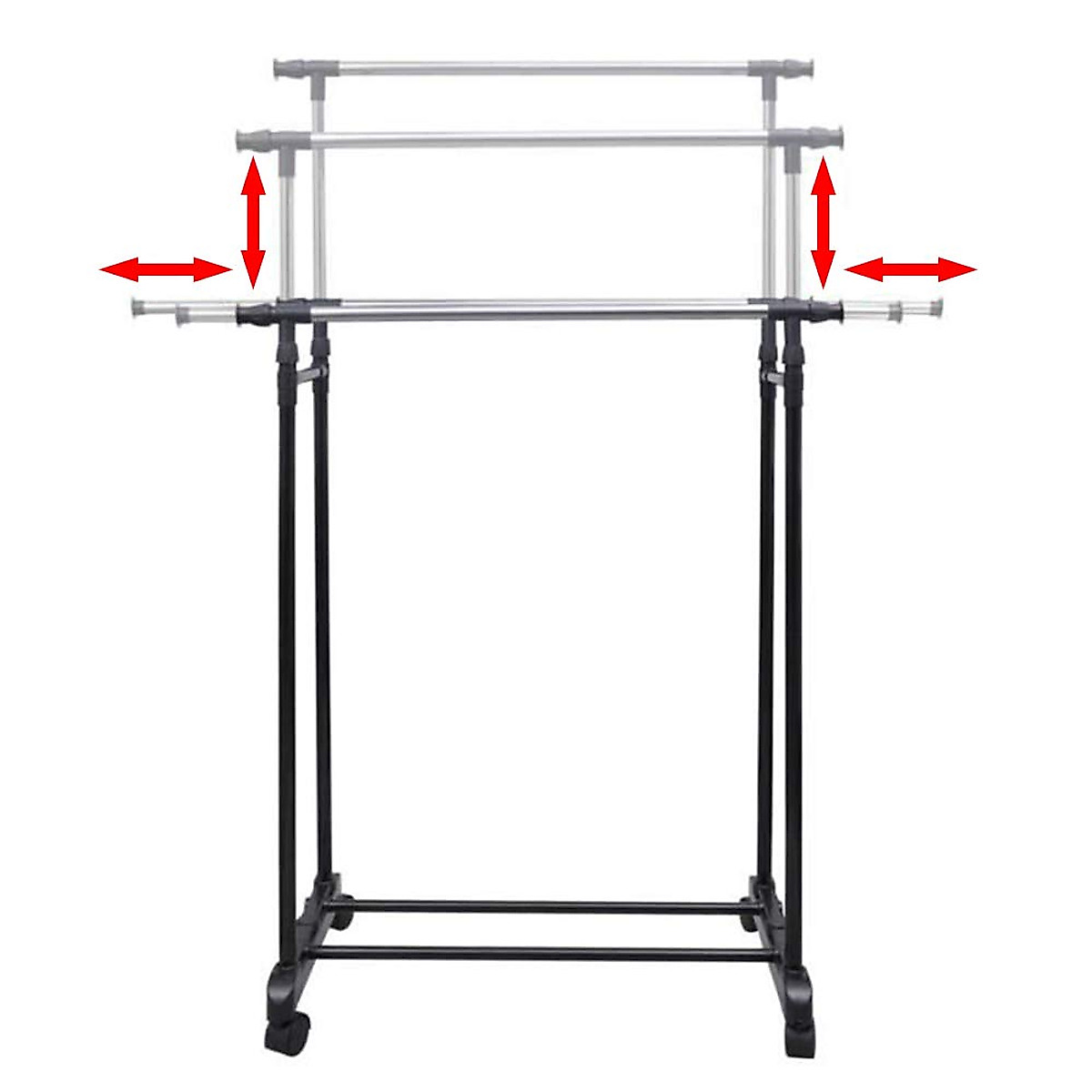 WOHLLEBEN Expandable Double Rods Clothing Rack Portable Freestanding Clothes Rack on Wheels Clothes Closet with Shoe Shelves Multi-functional Garment Rack, (33"-59")×16.5"×(43"-67")