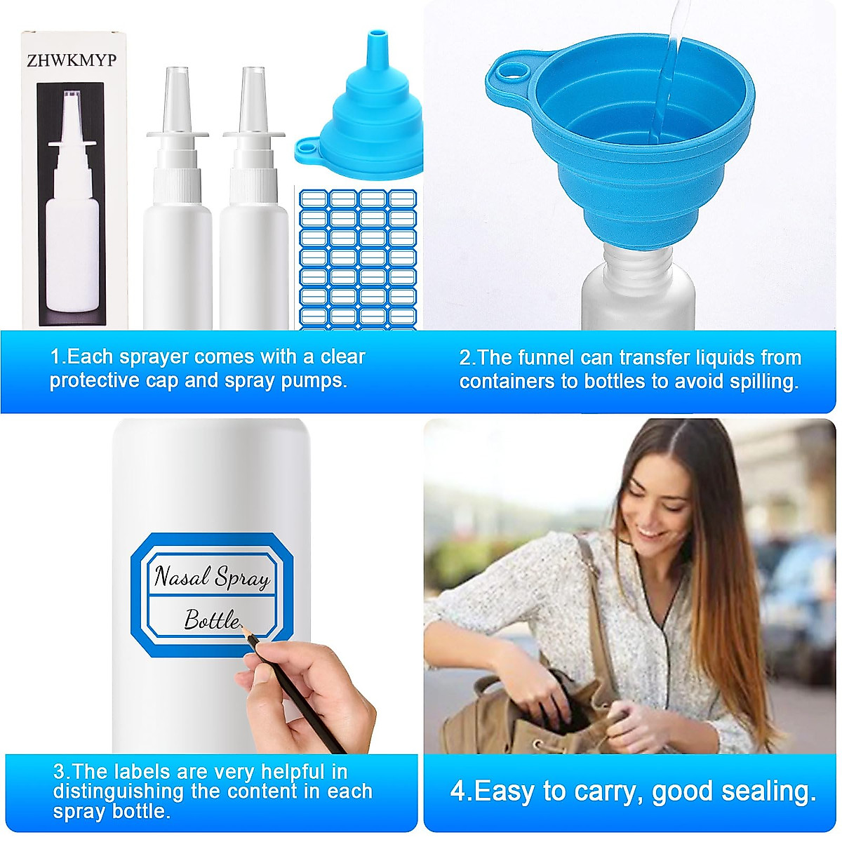 ZHWKMYP 6 Pcs Nasal Spray Bottle, Small Premium Empty Nose Spray Bottle Refillable, Fine Mist Sprayers Atomizers with Funnels and Labels