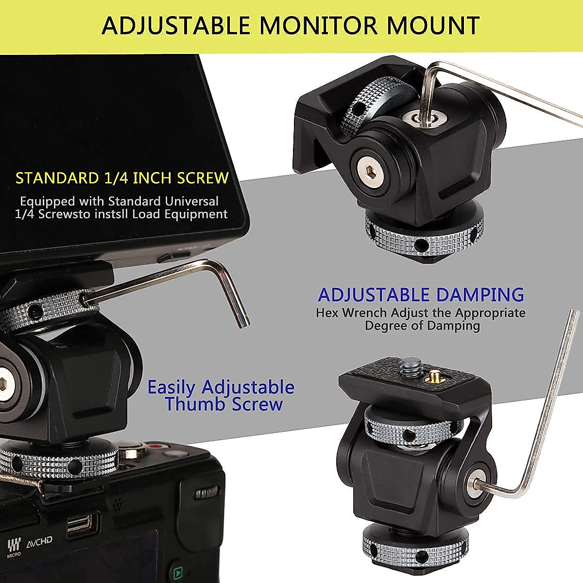 DSLR Camera Field Monitor Mount Holder with Cold Shoe for 5 inch and 7 inch Monitor, Swivel 360° and 180° Tilt for Video Shooting Photography Accessories
