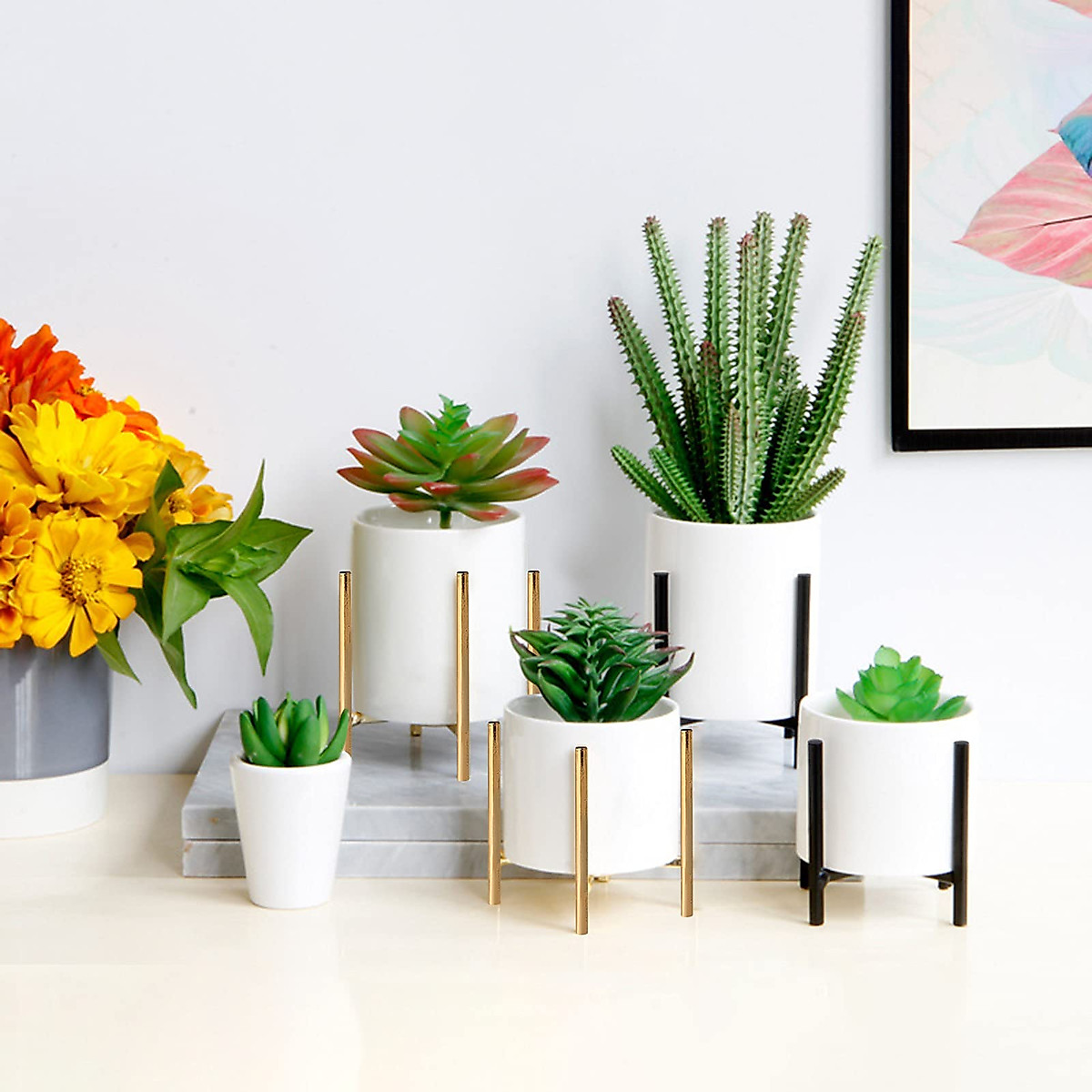 SIEBOLD Gold pencil cup Sturdy metal frame with white ceramic pen holder For desks and kitchen appliance holders(1set 4.6 - 3.14'')