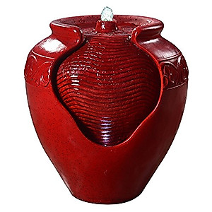 Teamson Home Floor Glazed Pot Water Fountain with Built-in LED Light and Pump for Outdoor Indoor Patio Garden Backyard Decking Home Décor, 17 inch Height, Red