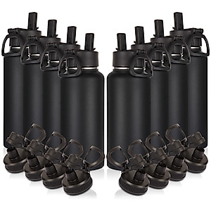 Volhoply 32oz Insulated Water Bottles Bulk 8 Pack with Straw Lid & Spout Lid,Stainless Steel Sports Water Bottle,Double Wall Vacuum Thermos,Leakproof Wide Mouth Metal Flask for Hiking,Camping(Black,8)
