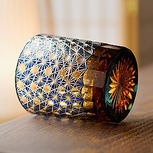 JIACI Edo Kiriko style Hand Carved Drinking Glass Crystal Whisky Glass 270ml Tumbler For Whiskey-Cocktail-Vodka-Beer Drinkingware Glasses Crystal Whiskey With Gift Box (Amber Blue)