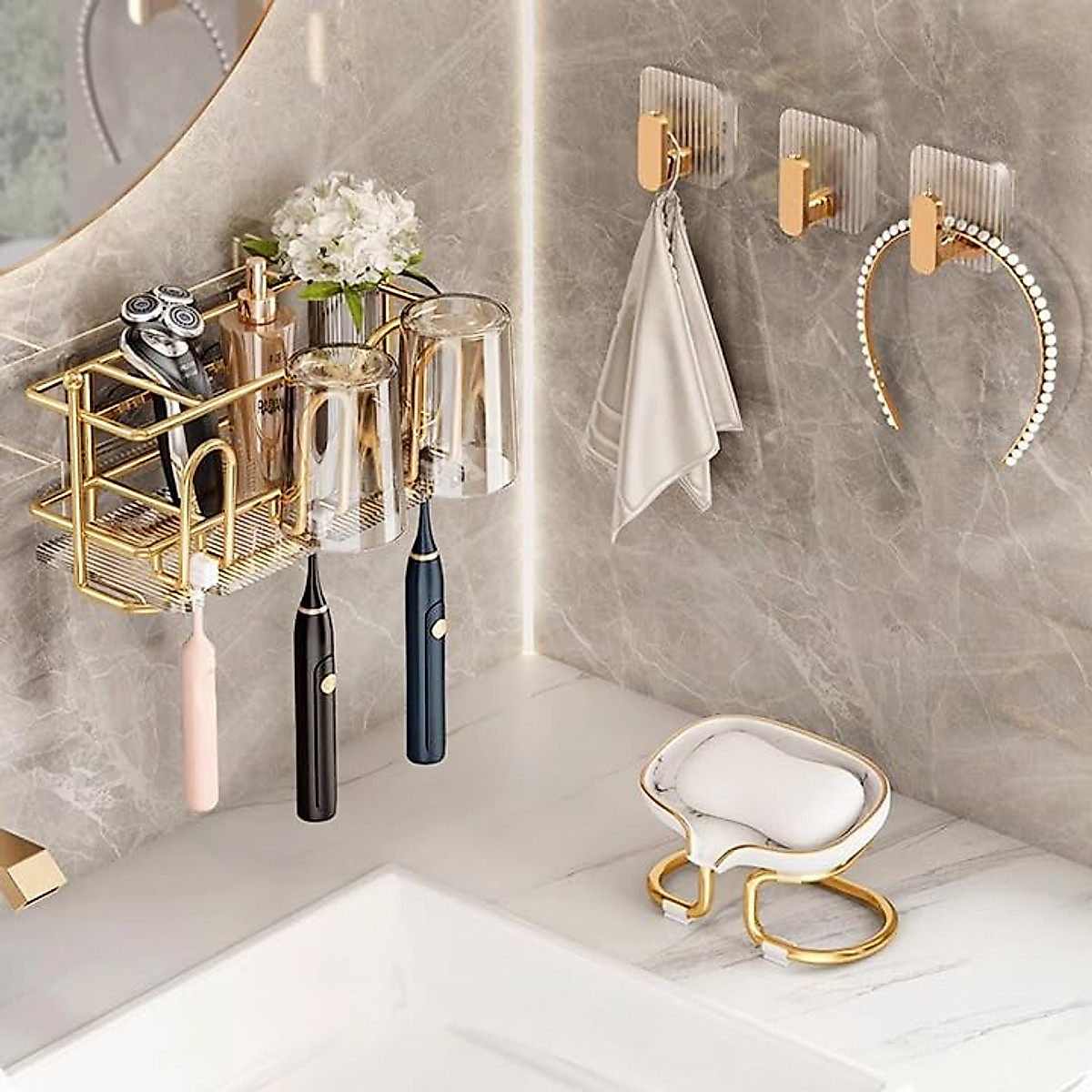 Generic Self Adhesive Gold Acrylic Hook Waterproof Heavy Duty Wall Bathroom Shower Kitchen RV Holder Hooks Self-Adhesive Non-Punching L Shape Wall Mounted Cabinet Hangers 4 Pack