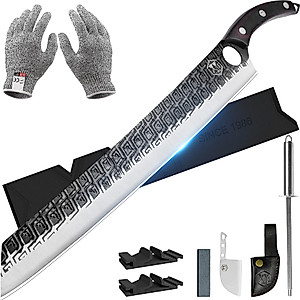 XYJ Japanese Chef Knife With Knife Guards Protector,Sharpener Rod,Carving Brisket Knives,Camping Butcher Kitchen Knives,Curved Full Tang (14.5 Inch)