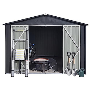 Goohome 8x10 FT Sheds & Outdoor Storage,Sturdy Metal Galvanized Steel Garden Storage Shed W/Lockable Sliding Doors,Built-in-Handles,Shutter Air Vents,Waterproof Spacious Utility Tool Storage Bike Shed