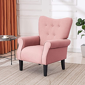 YOLENY Modern Accent Chair,High Back Armchair,Upholstered Fabric Button Single Sofa with Wooden Legs for Living Room,Bedroom,Club,Light Pink