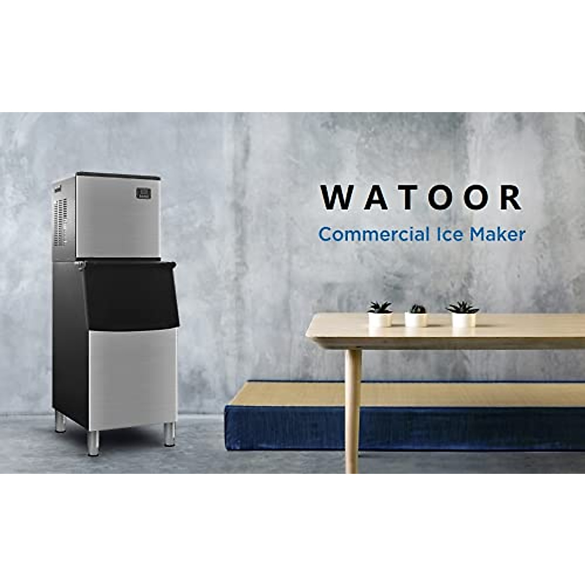 Watoor Commercial Ice Machine Stainless Steel Industrial Ice Machine ETL Approved 350LBS/24H with 200LBS Bin, Full Clear Cube, Professional Refrigeration Equipment