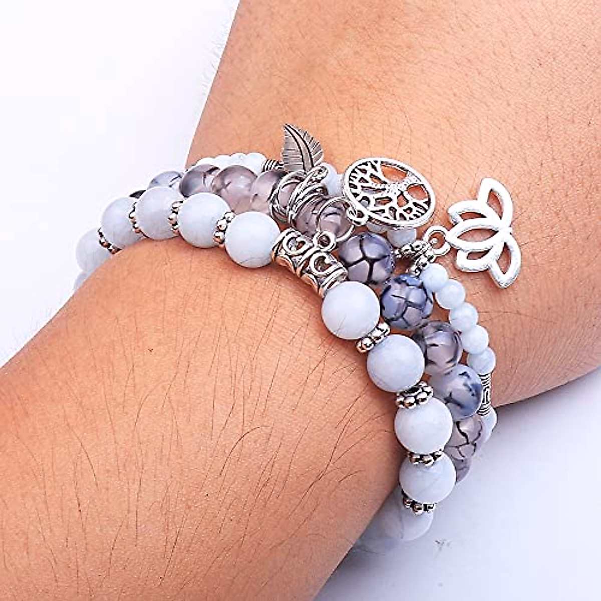 UEUC Tree of Life Yoga Healing Stone Bracelets,Multilayer Lotus Chakra Stone Reiki Bracelet Sets,Anxiety Crystal Natural Stone,for Women Stress Relief