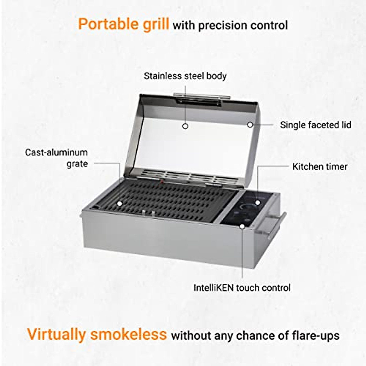 Kenyon Frontier Portable Electric Grill, Single Burner With IntelliKEN Touch Control, Stainless Steel Body, Rust-Proof Grill, UL-Approved For Indoor And Outdoor Use, Dishwasher Safe Grates, 120V