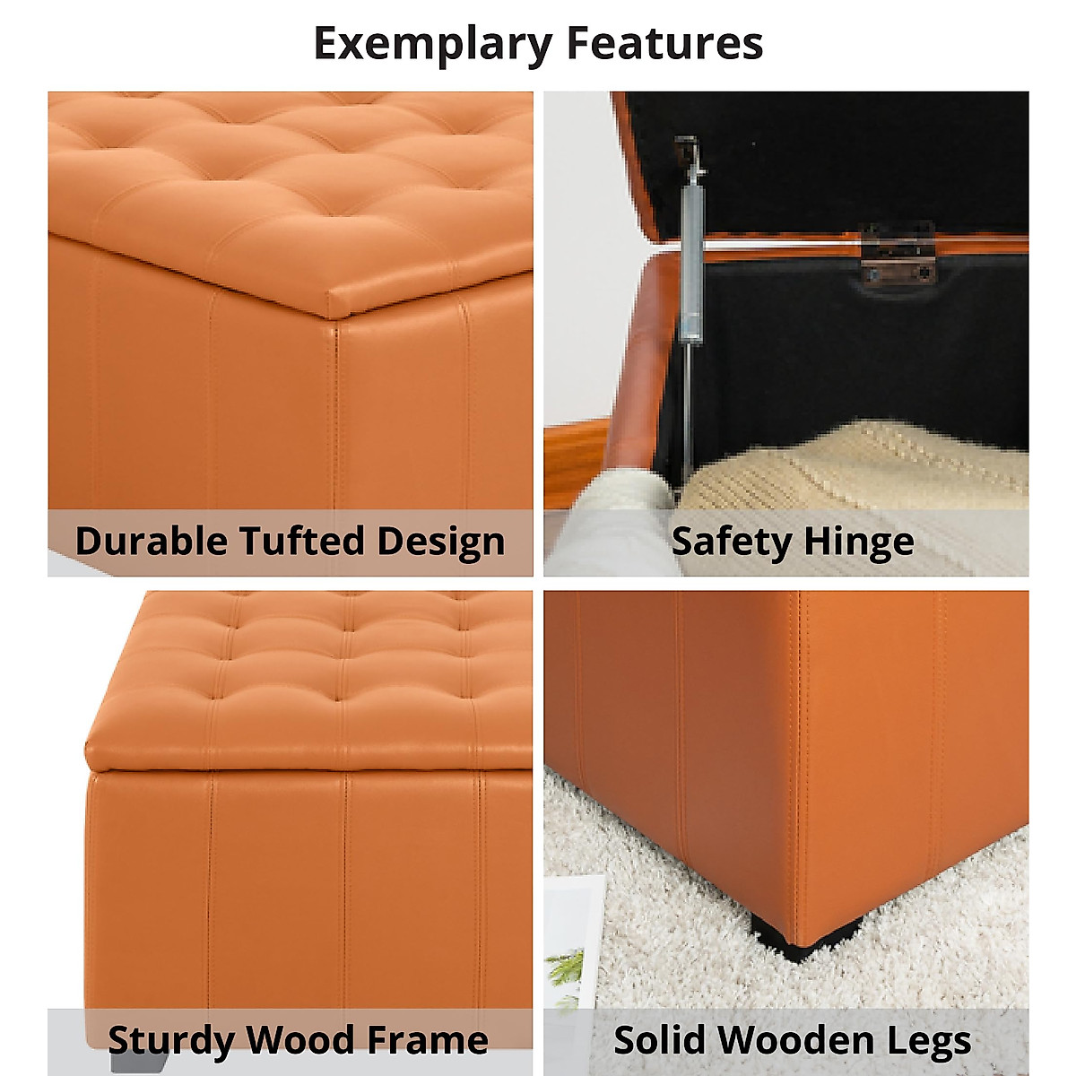 Celine 31" Large Tufted Storage Ottoman with Removable Lid and Storage, Upholstered Square Ottoman Cube Bench / Footrest / Coffee Table, Perfect for Living Room, Bedroom, Entryway, Dorm Room - Caramel