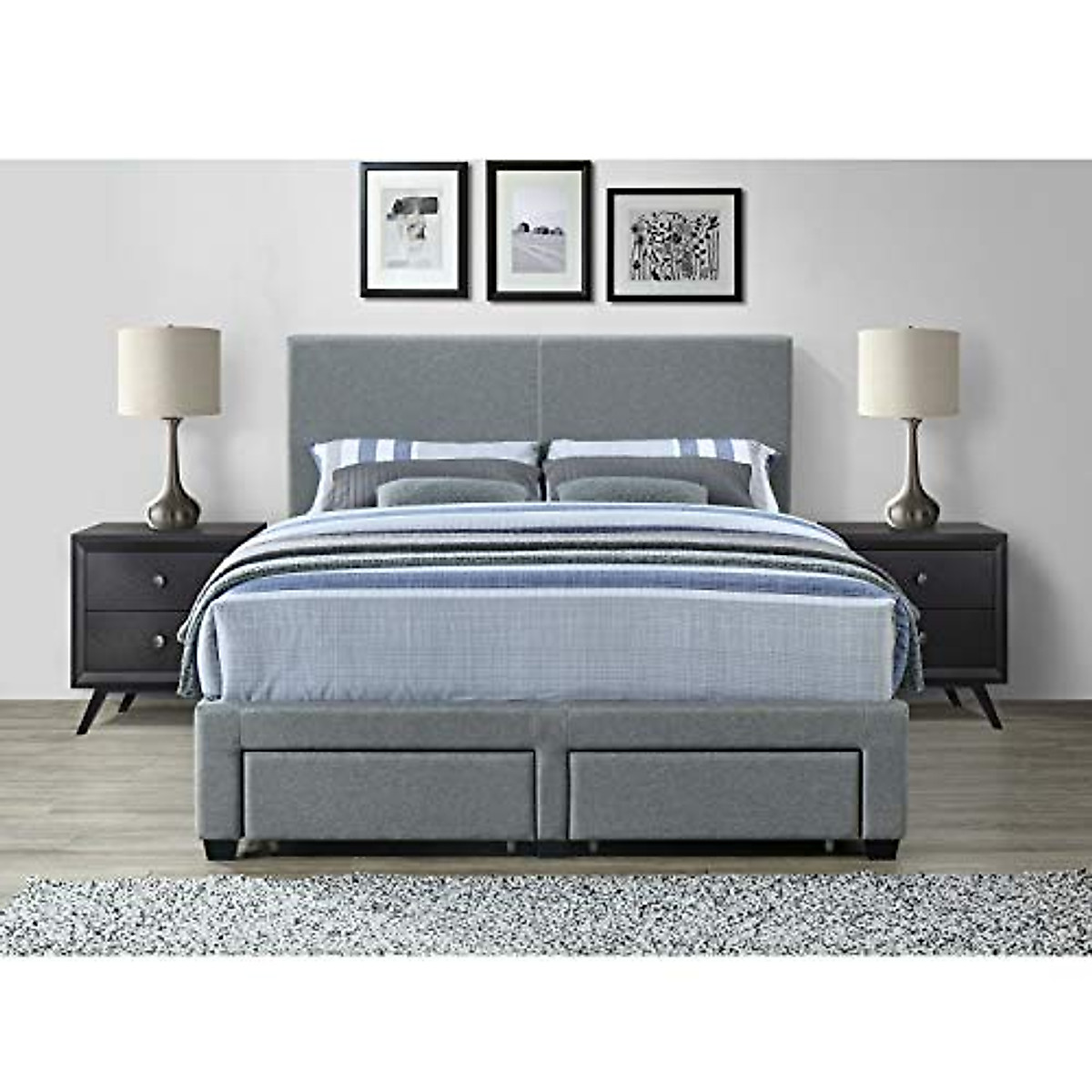 DG Casa Kelly Panel Bed Frame with Storage Drawers and Upholstered Headboard, Queen Size in Grey Linen Style Fabric