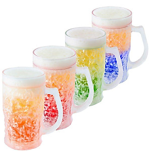 Lily's Home Insulated Double Wall Gel-Filled Acrylic Frosted Freezer Beer Glasses, Great for Enjoying Brews at BBQs and Parties, Clear with Assorted Color Bases (14 oz. Each, Set of 4) - Mug Shape