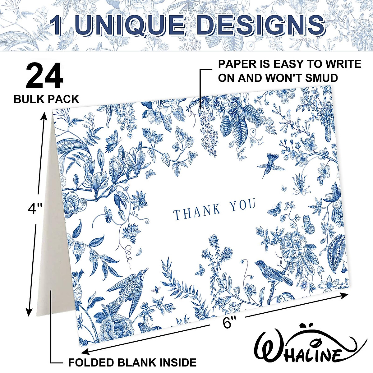 Whaline 24 Pack Flower Bird Thank You Cards Blue and White Floral Greeting Cards with Envelopes Stickers Blank Note Cards for Wedding Birthday Baby Shower Party Supplies, 4 x 6 Inch