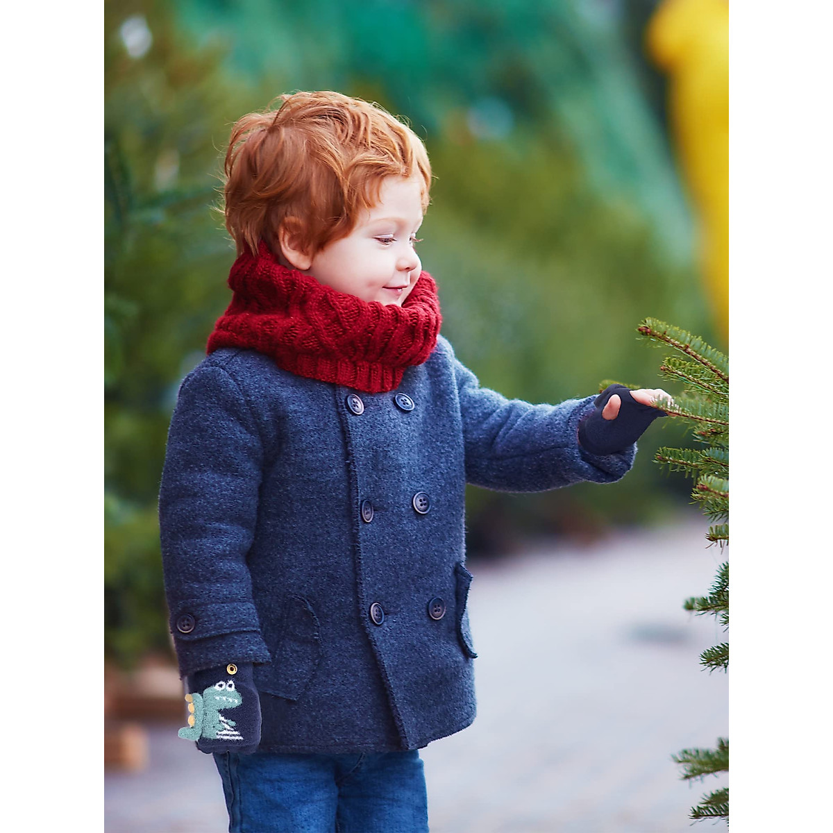 Bencailor 3 Pair Convertible Mittens Kids Knitted Warm Fingerless Gloves Toddler Cartoon Gloves with Mitten Cover for Boy Girl (Blue, Navy, Gray, Dinosaur)