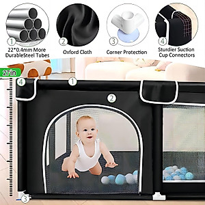 BeeHalo Baby Playpen Baby Playard, Playpen for Babies and Toddlers with Gate, Indoor & Outdoor Kids Activity Center with Anti-Slip Base,Sturdy Safety Play Yard with Soft Breathable Mesh(Black,50”×50”)