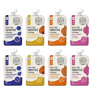 Serenity Kids 6+ Months Dairy-Free Smoothie Baby Food | USDA Organic | Grass Fed Collagen Protein | 3.5 Ounce BPA-Free Pouch | Variety Pack | 8 Count
