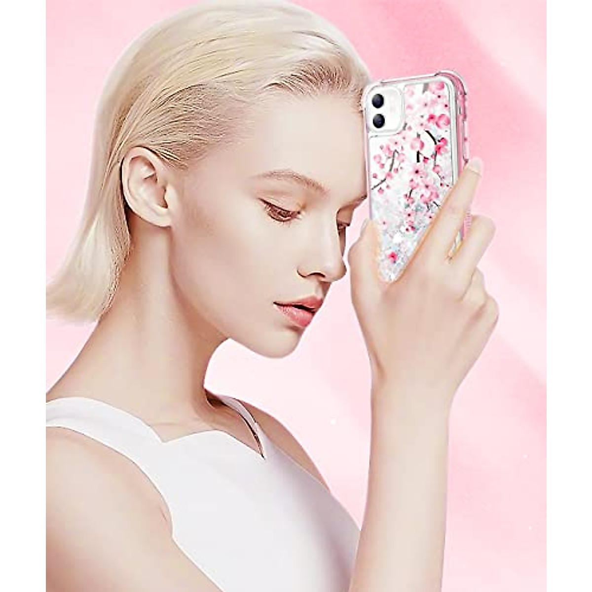 Caka Case for iPhone 11 Glitter Case Flower Bling Liquid Protective Full Body Heavy Duty with Built in Screen Protector Love Glitter Pink Blossom for Women Girl Case for iPhone 11 (6.1 inch)(Cherry)