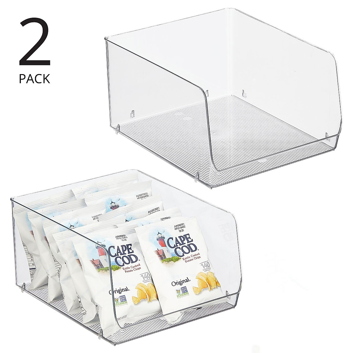 mDesign Wide Stackable Plastic Food Storage Organizer Bin Basket with Open Front for Household Kitchen Cabinets, Pantry, Offices, Closets, Bedrooms, Bathrooms - 10.2" Wide, 2 Pack - Clear