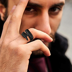 Bestyle Stainless Steel Black Feather Wrap Ring Guardian Wings Rings Stainelss Steel Band Rings Love Statement Jewelry Gifts for Women Men,Size 10