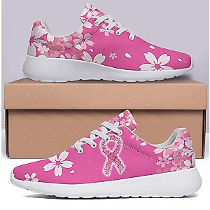Breast Cancer Awareness Shoes Women Fashion Ultra Lightweight Running Sneakers Pink Ribbon Print Walking Tennis Shoes Gift for Her White Size 8