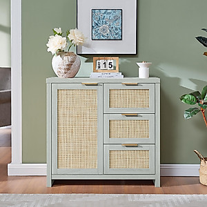 OAKHAM HOME Hampstead 3 Drawer Storage Cabinet Accent Storage Cabinet with Rattan Drawers, Buffet Kitchen Cabinet Sideboard Buffet with Adjustable Interior Shelves for Living Room, Hallway, Pale Oak