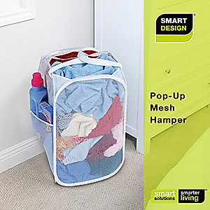 Smart Design Pop Up Laundry Hamper with Easy Carry Handles and Side Pocket - Durable Mesh Fabric - Collapsible Design - Clothes and Laundry - Home Organization - Holds 2 Loads - 13 x 21 Inch - White