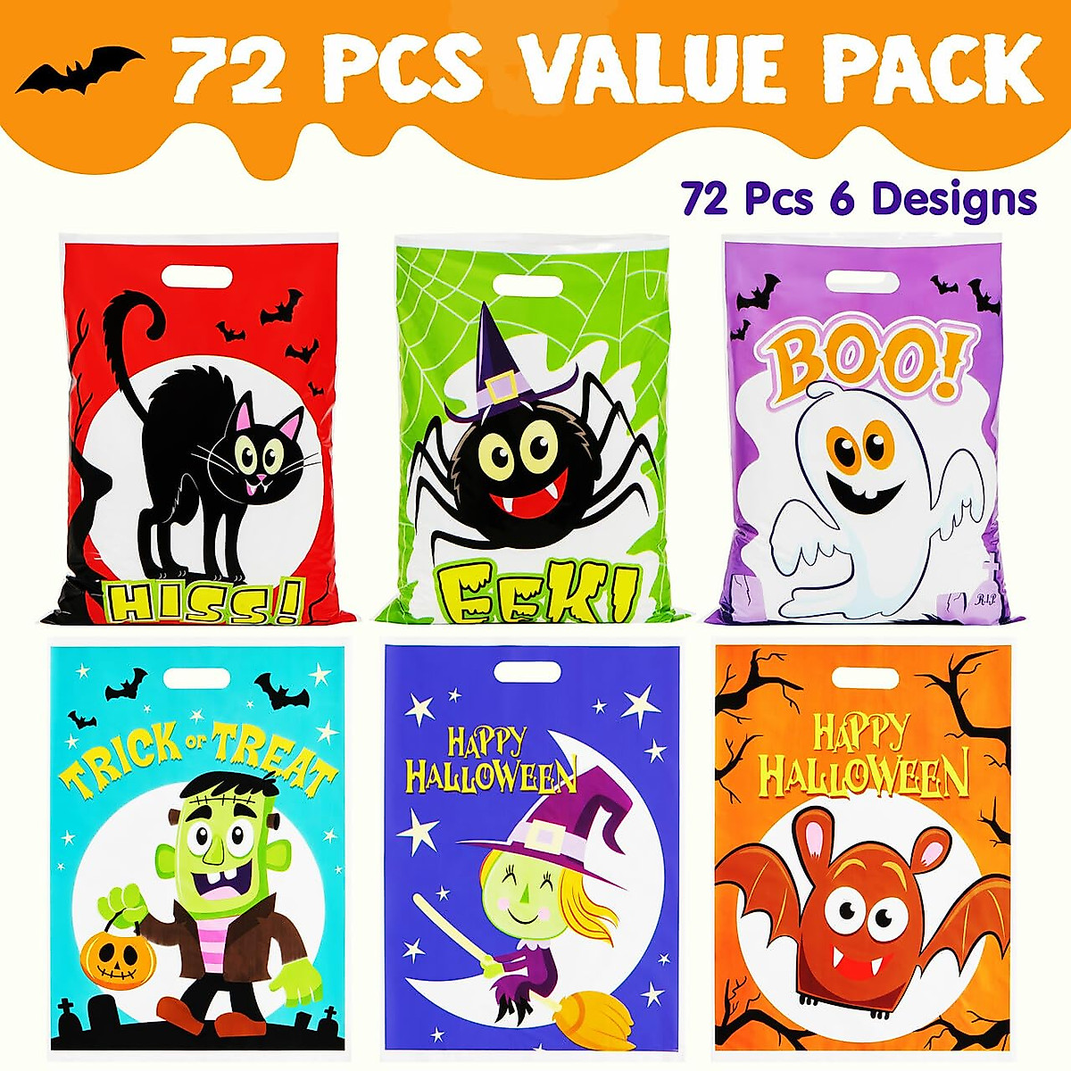 JOYIN 72 PCS Halloween Candy Bag for Trick or Treat, Halloween Treat Bags with 6 Designed Characters, Halloween Plastic Goodie Gift Bags for Party Favors Party Supplies