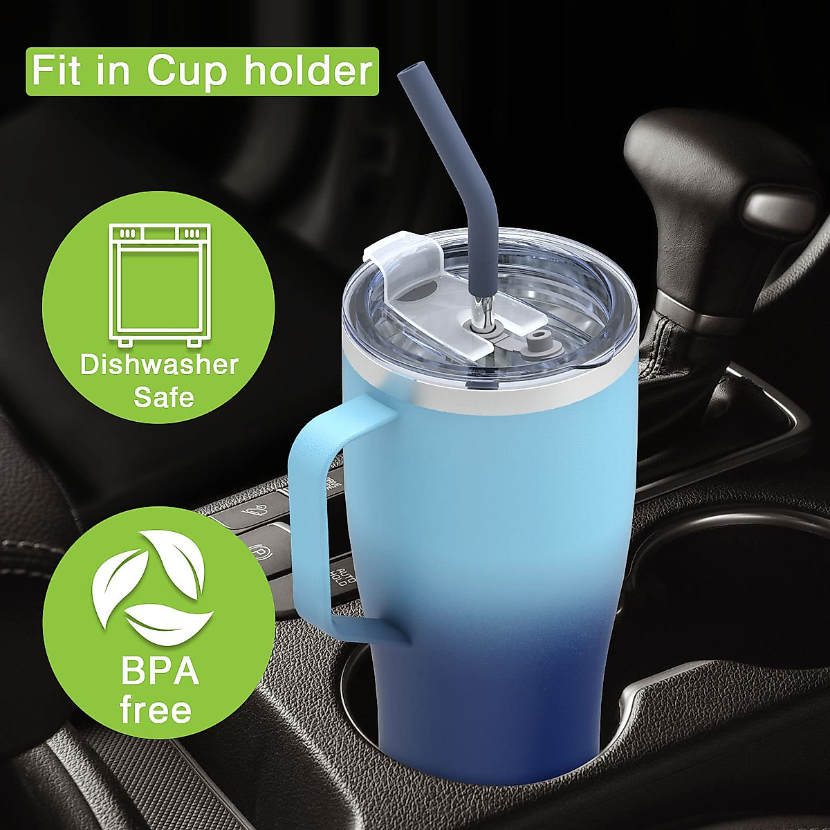 Zukro 32 oz Tumbler with Handle and Straw, No Sweat Double Wall Insulated Stainless Steel Coffee Cup with 2 Lids, Leakproof Travel Mug For Hot and Cold Drinks, Dishwasher Safe, Fit in Cupholder