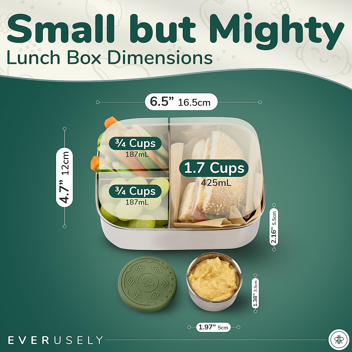 Everusely Small Stainless Steel Bento Box Kids - 27 oz Toddler Lunch Box Stainless Steel, Metal Lunch Box for Kids, Metal Lunch Container, Stainless Steel Lunch Box For Kids, Bento Box Stainless Steel