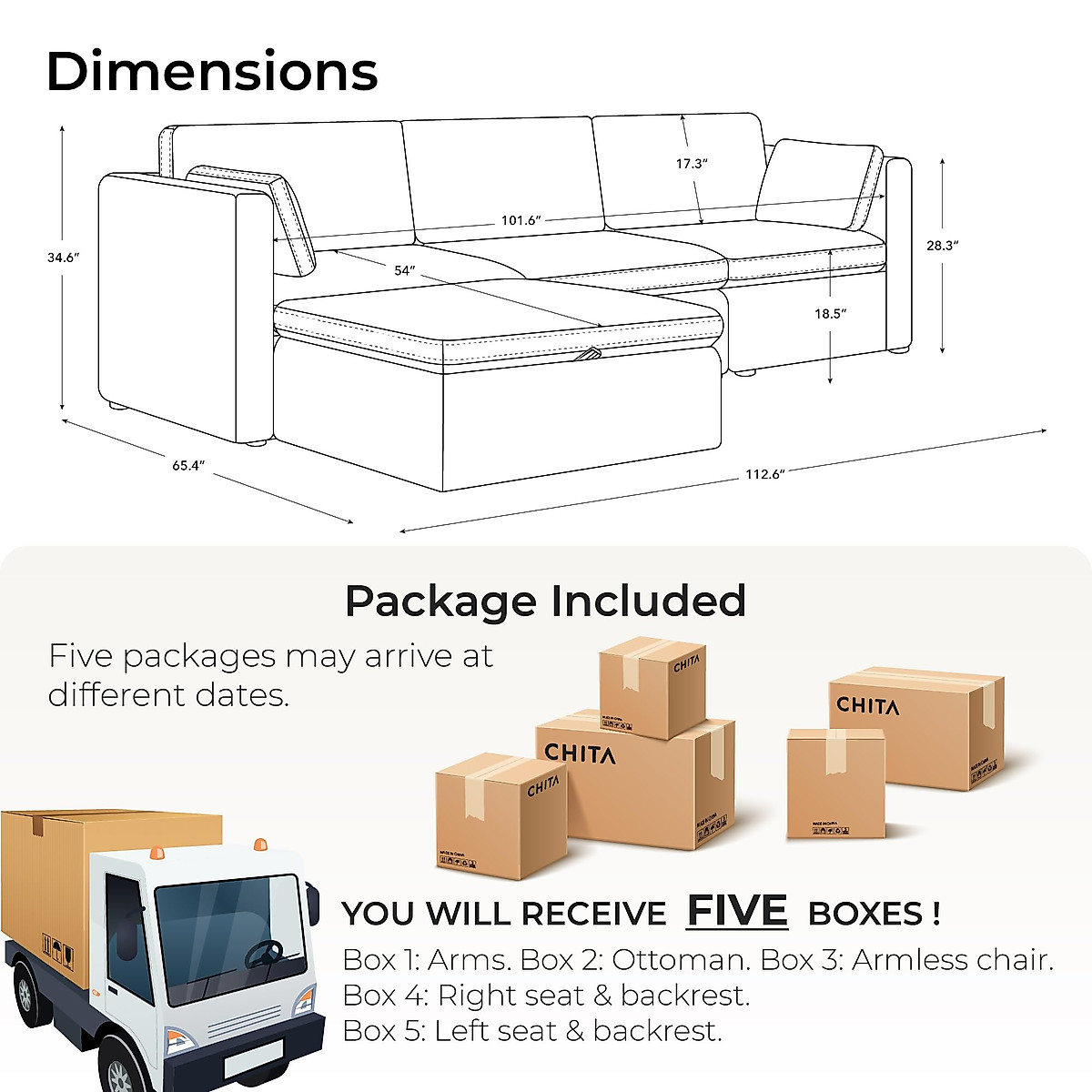 CHITA Oversized Modular Sectional Fabric Sofa Set, FSC Certified Extra Large L Shaped Couch Reversible Chaise Modular Sectional Couch, 112 inch Width,4 Seat Modular Sofa with Storage Ottoman, Linen