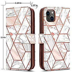 CASEOWL Compatible with iPhone 13 Wallet Cases, Magnetic Detachable Wallet Case for iPhone 13, Marble Pattern PU Leather Folio Phone Case with Card Holder[RFID Blocking], Wrist Strap for Women, Pink