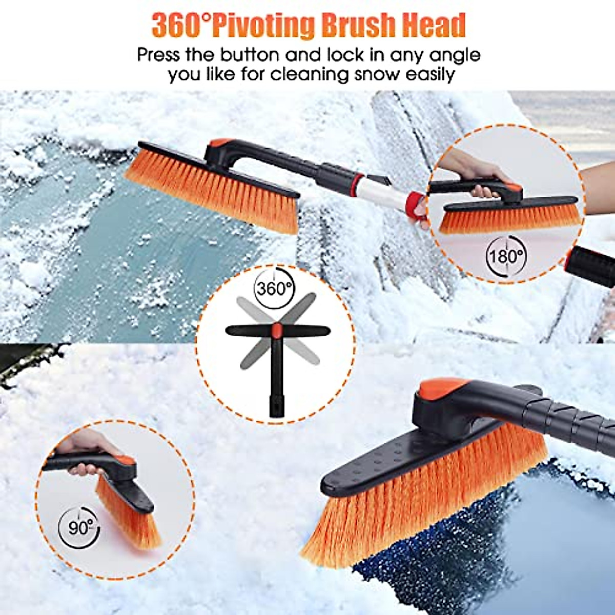 FOVAL 62.4" Extendable Snow Brush and Ice Scraper with 360°Pivoting Brush Head, Snow Removal Car Brush for Windshield Window Trucks SUVs, Essential Winter Tool Ice Remover with Comfortable Foam Grip