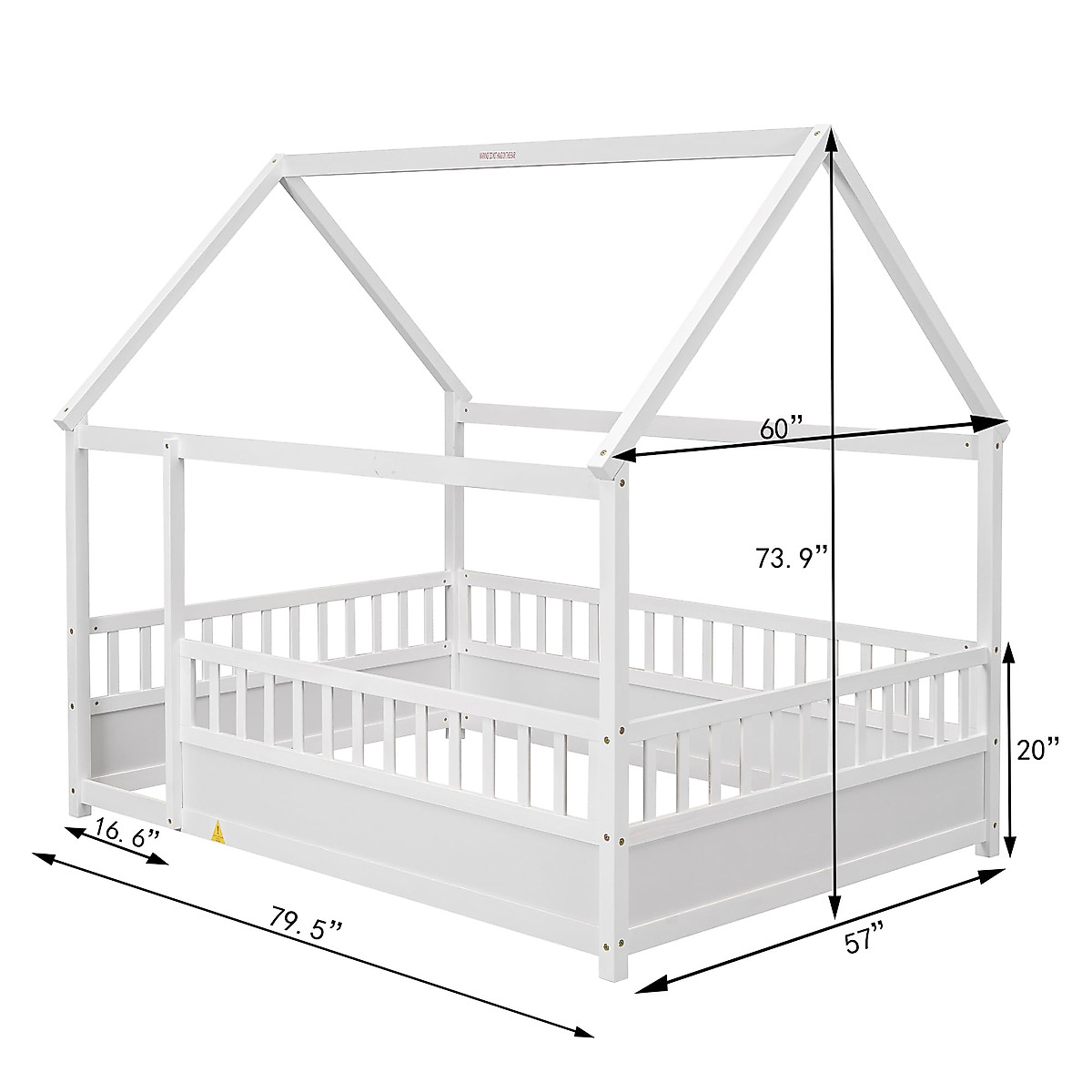 Wood Montessori Floor Bed Full Size, Full Floor Bed with Fence and Door, Full Size House Bed for Kids, Girls, Boys, White Montessori Bed Full Size