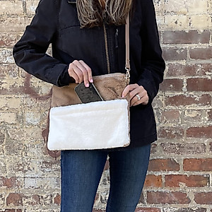 Two Toned Faux Fur Crossbody Bag - Wristlet Purse, Fluffy Fuzzy Shoulder Handbag for Women - Zippered Furry Clutch with Adjustable & Removable Strap - Black/Leopard