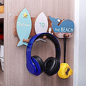 2-Pack Nautical Theme Hook Wall Mounted Wooden Coat Rack Key Hooks, Wooden Fish Welcome Key Holder for Wall with 3 Hooks Organizer, Welcome Door Wall Hook with Beach Nautical Decoration