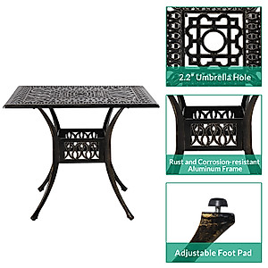 VIVIJASON 5-Piece Outdoor Cast Aluminum Patio Dining Set, All-Weather Conversation Furniture Set, Include 4 Chairs and a 35.4 inch Square Table w/Umbrella Hole for Balcony, Lawn, Garden, Backyard