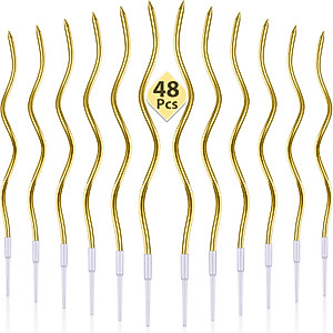 BBTO 48 Pieces Twisty Birthday Candles Spiral Cake Candles with Holders Metallic Cake Cupcake Candles Long Thin Curly Coil Cake Candles for Birthday, Wedding Party and Cake Decoration (Metallic Gold)