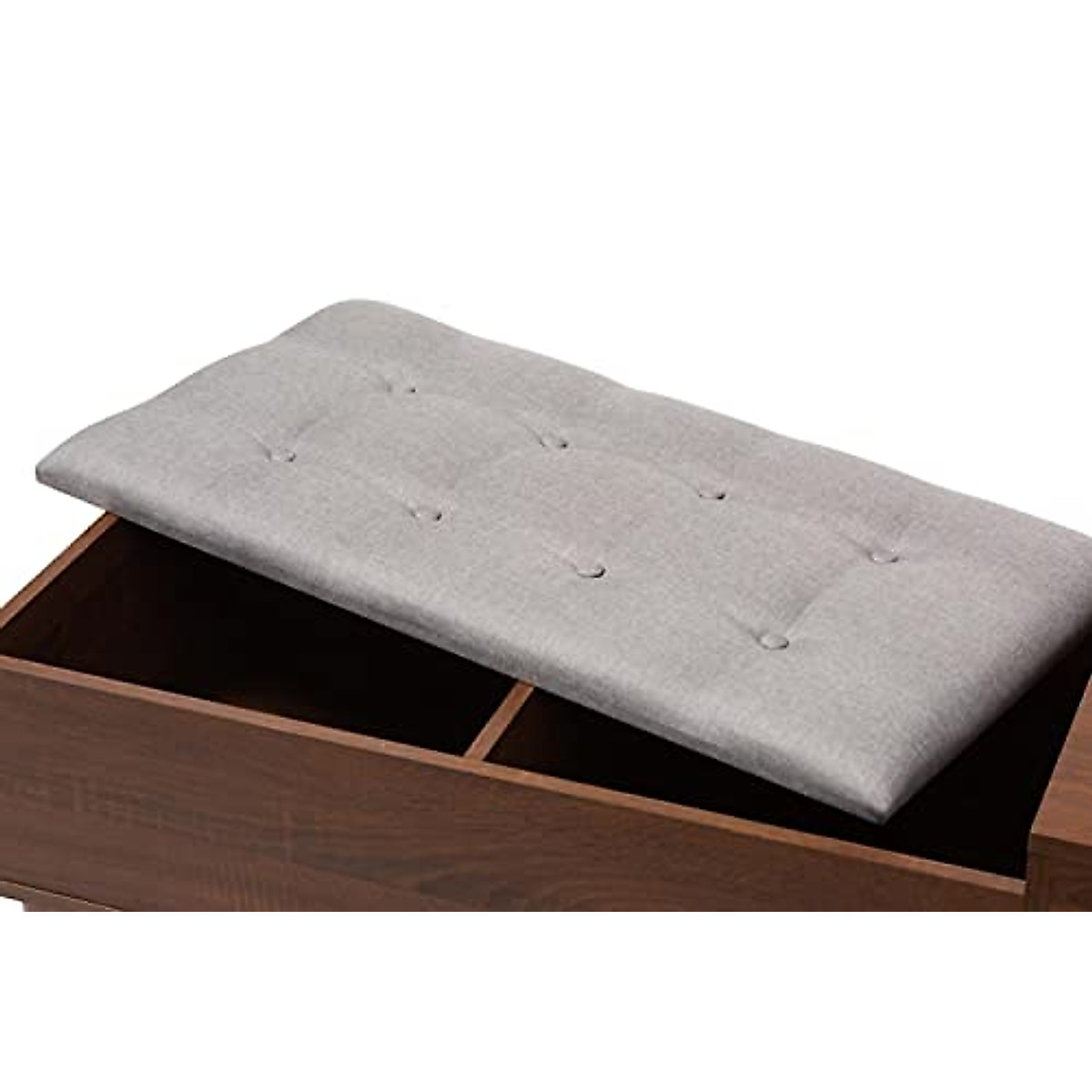 Baxton Studio Merrick Bench Shoe Rack Cabinet Brown//Medium Wood/Mid-Century/Fabric Polyester 100%"/Engineered Wood/Faux Wood Veneer/Powder Coated Vinyl (Legs)/Foam