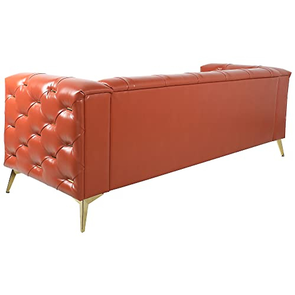 LEVNARY Modern Chesterfield Sofa Leather, Tufted Upholstered 3 Seater PU Couch, 84 Inches Settee Sofa with High Arm and Golden Metal Legs, Couches for Living Room Bedroom Office (Orange)