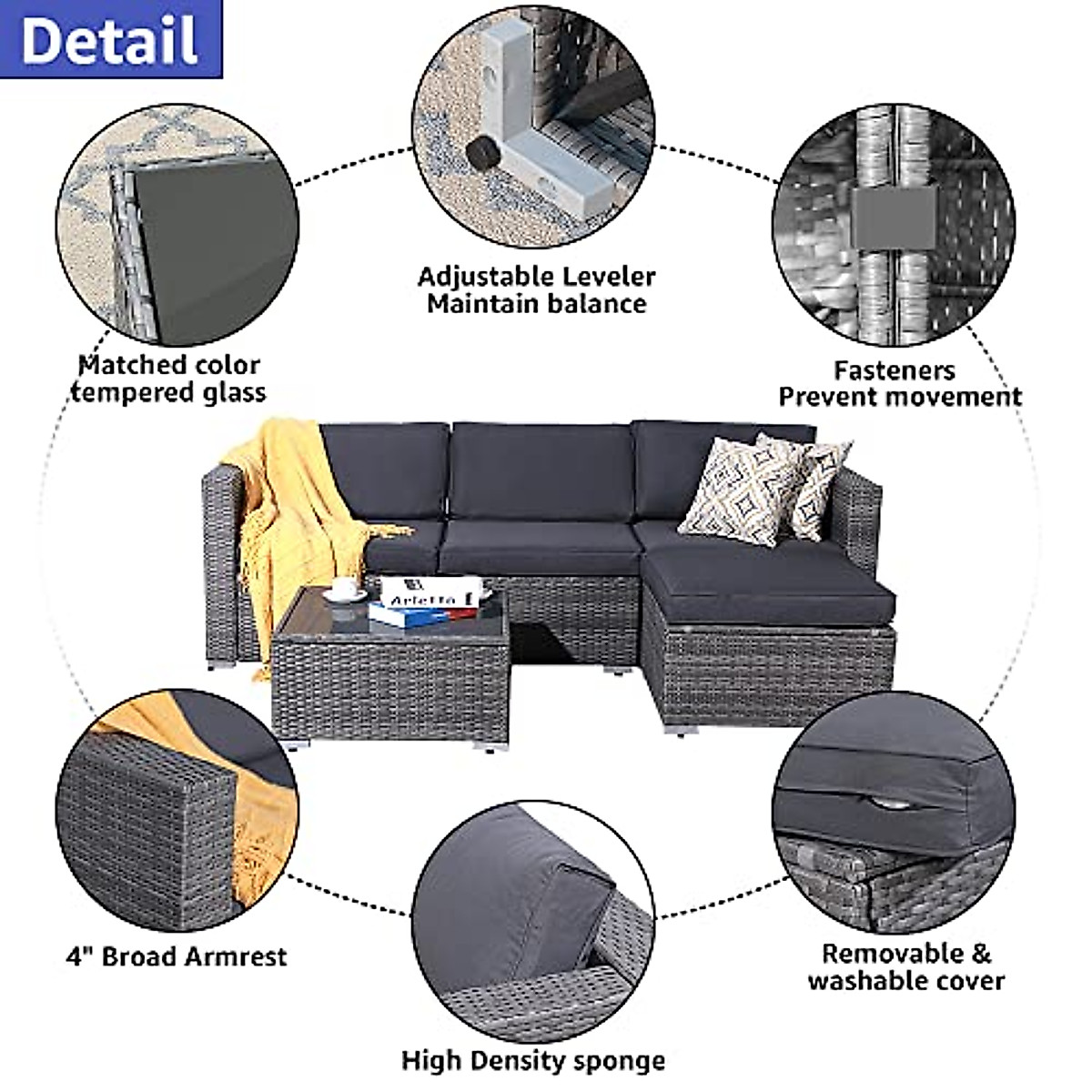 Patiorama 5 Piece Outdoor Patio Furniture Set, Outdoor Sectional Conversation Set, All-Weather Grey PE Wicker w/Dark Grey Cushions, Outdoor Backyard Porch Garden Poolside Balcony Furniture Set