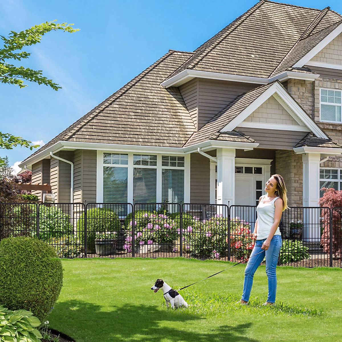 Rengue Garden Fencing, Decorative Garden Metal Fence, 18ft(L)×32in(H) Animal Barrier Garden Fence with Gate, Heavy Duty Iron Fencing for Dogs, Outdoor, Yard (8 Panels)