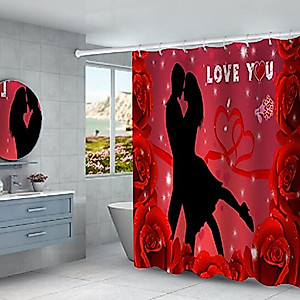 4 PCS Valentine's Day Shower Curtain Set with Rugs, 72x72 Waterproof Shower Curtains with Hooks Heart Gnomes Red Truck Patterned Bath Mat Holiday Decor Valentine's Day Decorations for Bathroom