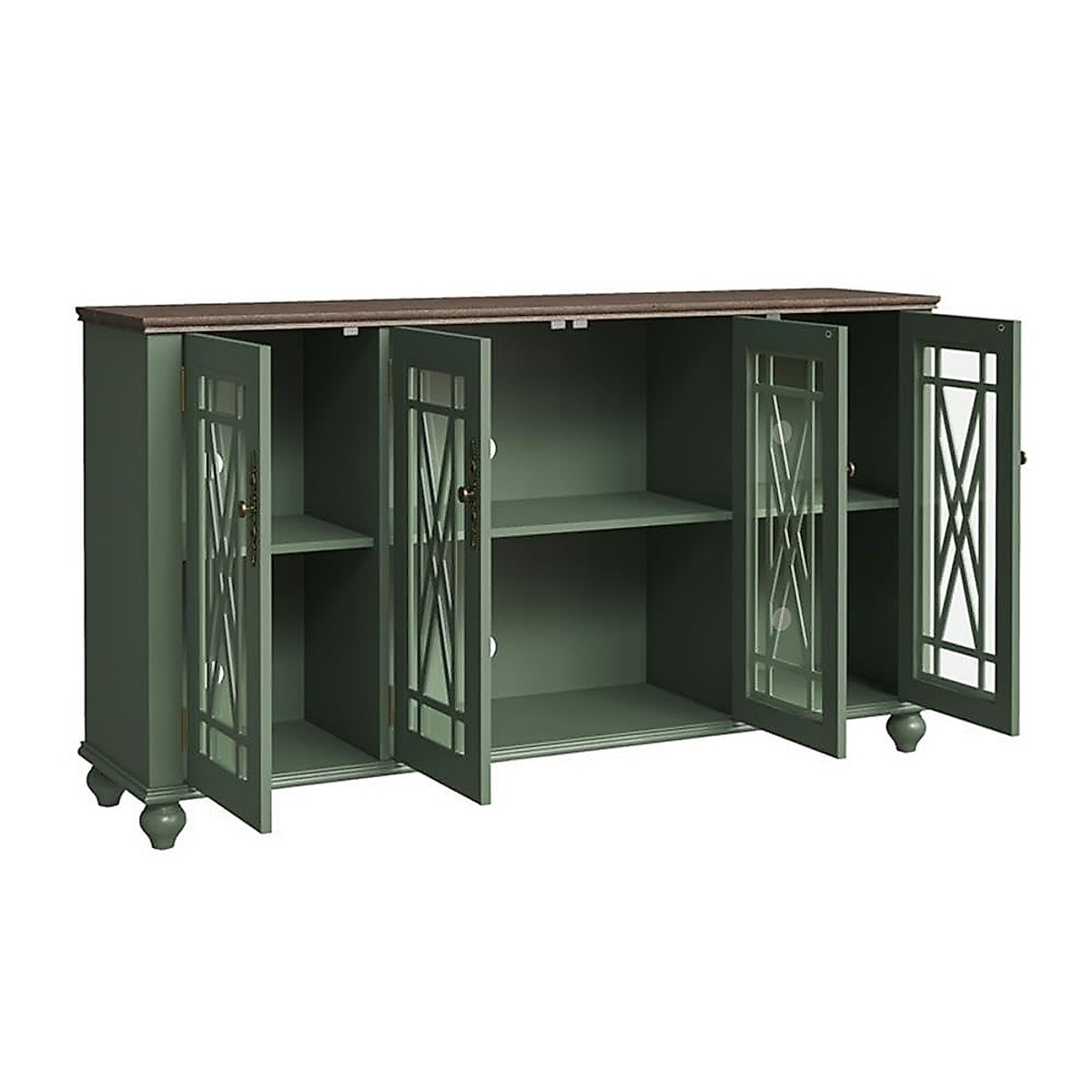 Liviland 63" Farmhouse Engineered Wood Kitchen Accent Buffet Sideboard Cabinet with 4 Glass Paneled Doors, Adjustable Shelves, Assembly Required, for Kitchen/Dining Room/Living Room/Entryway, in Green