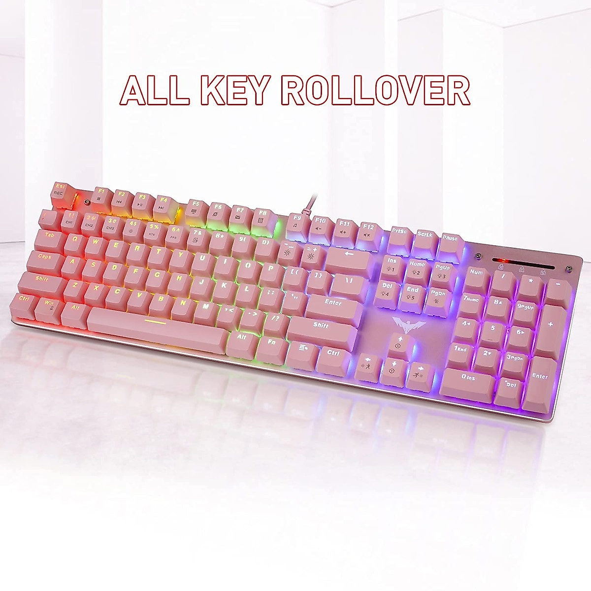 havit Havit Mechanical Gaming Keyboard and Mouse Combo Blue Switch 104 Keys Rainbow Backlit Keyboards, 4800 Dots Per Inch 7 Button Mouse Wired for PC Gamer Computer Laptop (Pink) (Renewed)