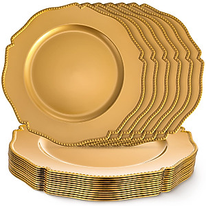 Pinkunn 18 Pcs 13 Inch Christmas Charger Plates Bulk Scalloped Charger Plates with Beaded Rim Dinner Plastic Chargers Plates for Christmas Xmas Wedding Receptions Engagement Party Banquets(Gold)